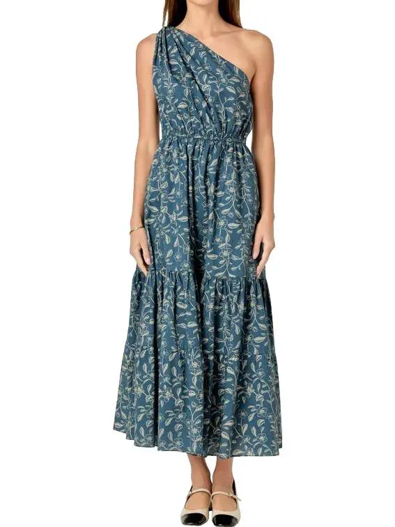 English Factory Floral Print One-shoulder Maxi Dress - Navy