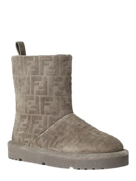 Fendi Ff Logo Shearling-lined Bootie - Steel/latte