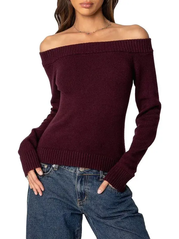 EDIKTED Elona Off-the-shoulder Knit Top - Burgundy