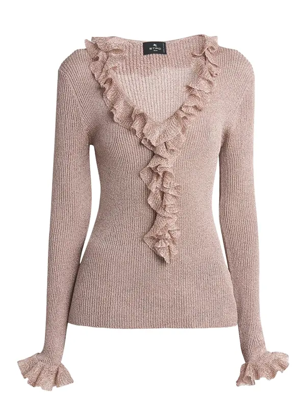 Etro Metallic Ribbed Knit Ruffle Sweater - Pink 7