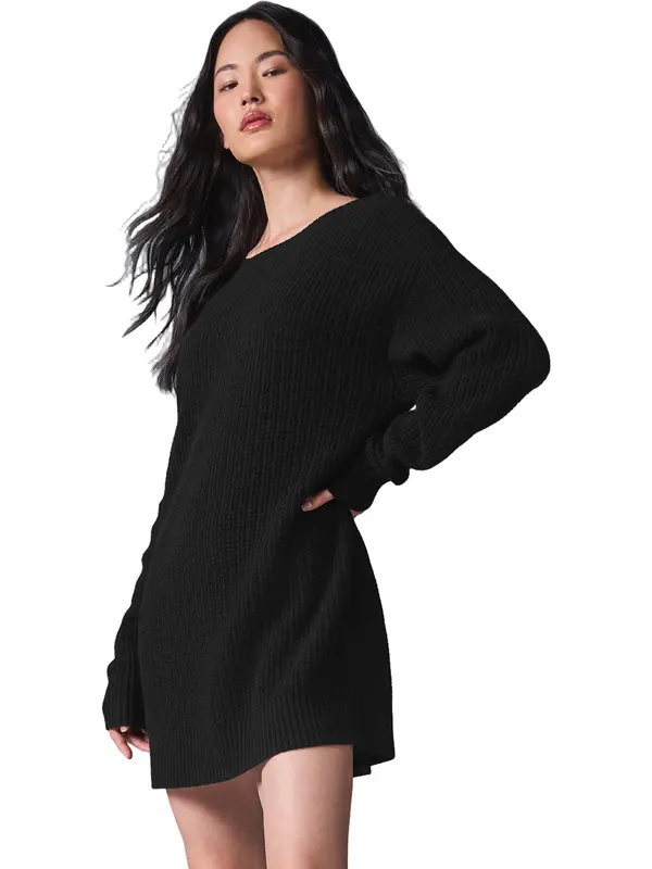 Alo Yoga Cashmere Plush Waffle Knit Dress - Black
