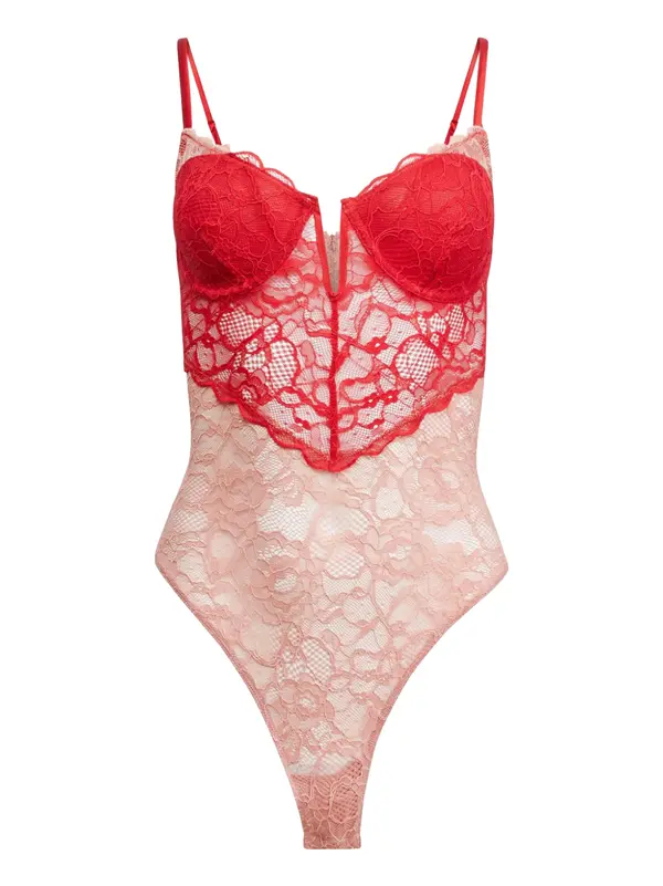 Fleur Du Mal Bouquet Lace Heart Bodysuit - Red
