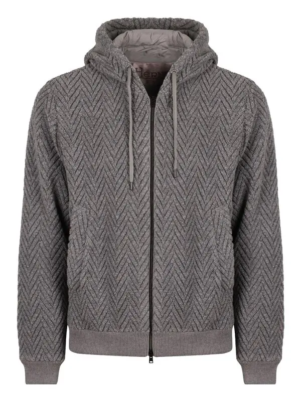 Herno Herringbone Pattern Zip-up Jacket With Drawstring Hood - Grey