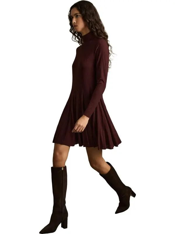 REISS Savannah Ribbed Flared Mini Dress - Burgundy