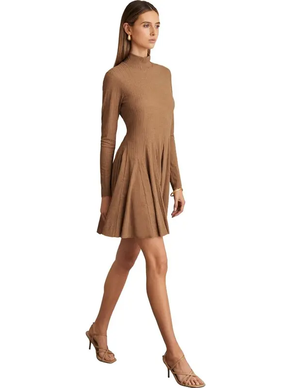 REISS Savannah Ribbed Flared Mini Dress - Camel