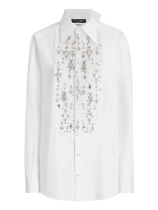 Dolce & Gabbana Cotton Rhinestone-embroidered Tuxedo Shirt - White