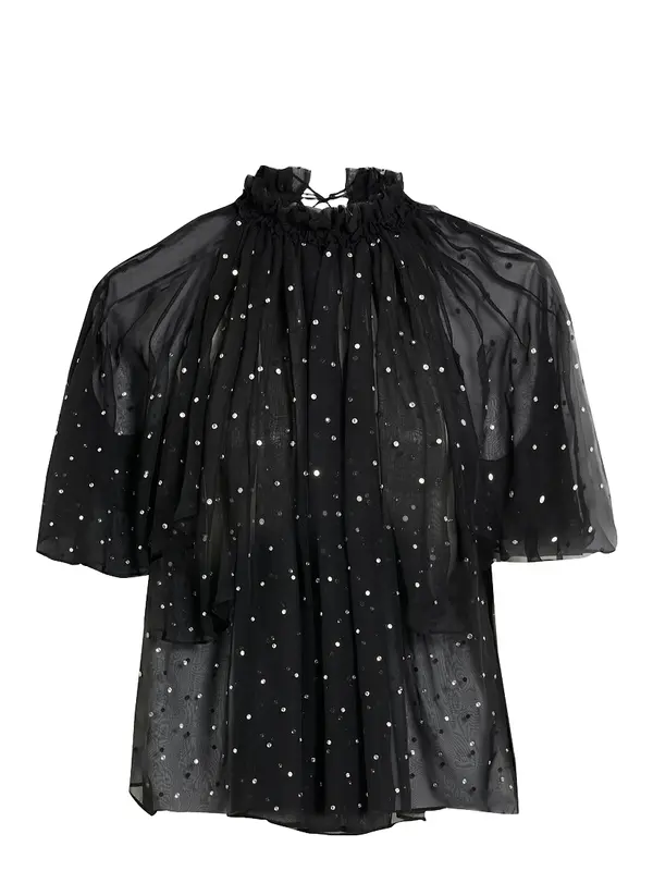 Rabanne Embellished Ruffled Chiffon Top - Black