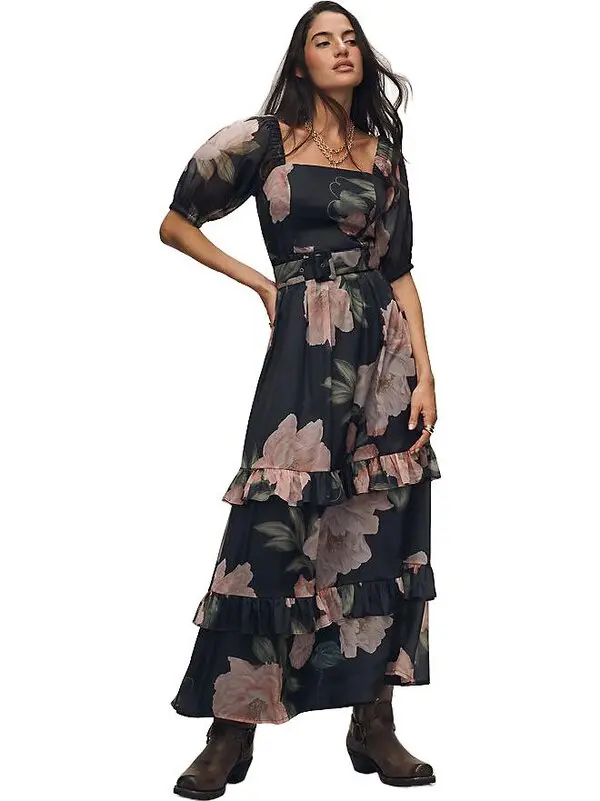 HUTCH Puff-sleeve Ruffled Midi Dress - Black Floral