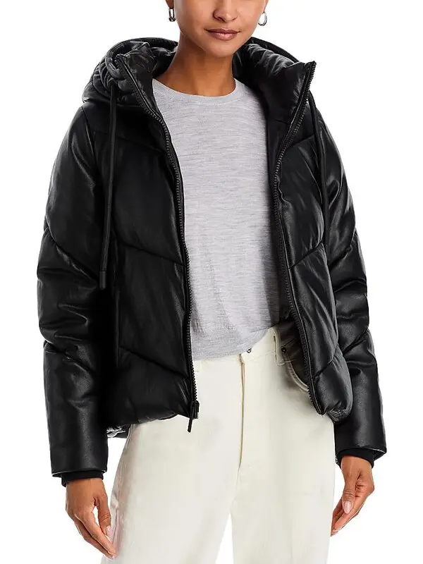 Andrew Marc Faux Leather Puffer Jacket - Black