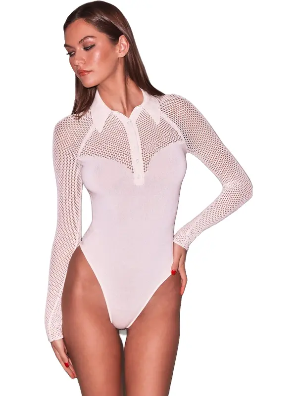 Fleur Du Mal Knit Mesh Collared Bodysuit - Neutral / White