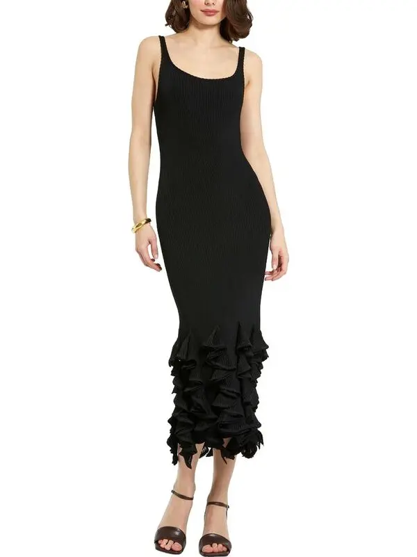 Mac Duggal Rib Knit Sleeveless Midi Dress With Ruffle Hem - Black