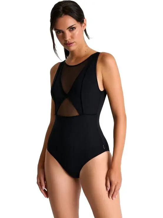 Shan High-neck Grid Mesh One-piece - Black