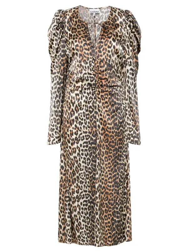 GANNI Leopard Print Midi Dress - Brown