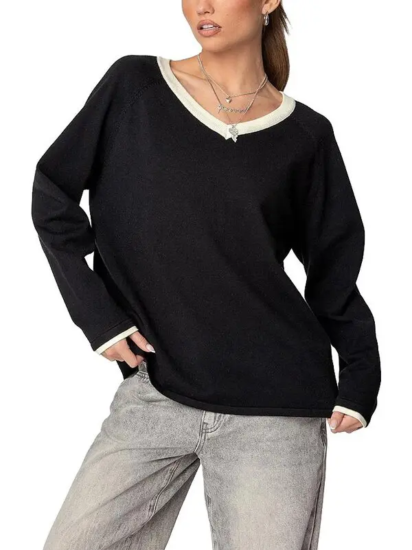 EDIKTED Contrast V-neck Knit Sweater - Black