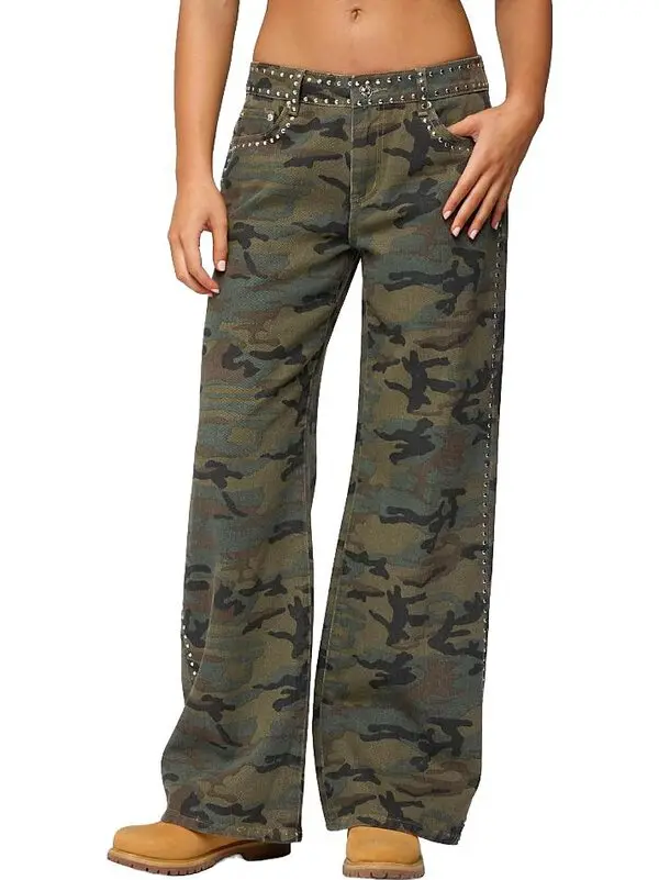 EDIKTED Quincy Studded Baggy Jeans - Olive-washed