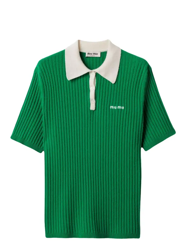 Miu Miu Ribbed Cashmere Polo Top - Green