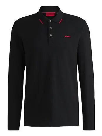 Hugo Branded Long-sleeved Cotton Polo Shirt Xxl - Black