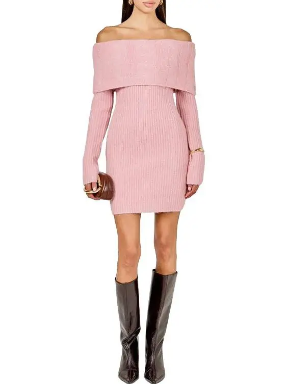 Endless Rose Off-the-shoulder Cable Stitch Sweater Dress With Tie - Ballet Pink