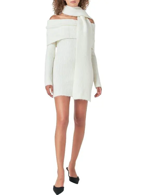 Endless Rose Off-the-shoulder Cable Stitch Sweater Dress With Tie - Ivory