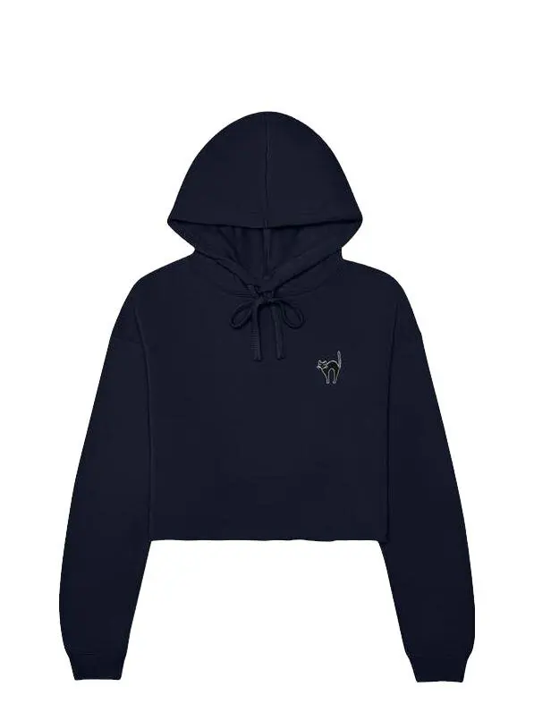DALIX Cat Cropped Fleece Hoodie - Navy Blue