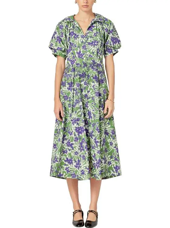 English Factory Print Pleat Midi Dress - Olive Multi