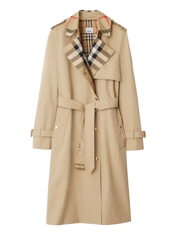 Burberry Gabardine Trench Coat With Plaid Collar - Neutrals