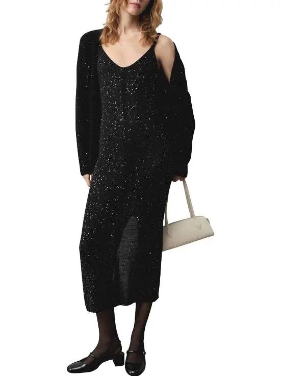Mango Sequin Detail Knit Midi Dress - Black