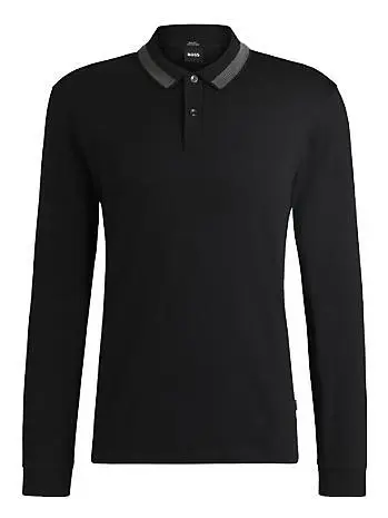BOSS Striped-trim Long-sleeved Cotton-jersey Polo Shirt - Black