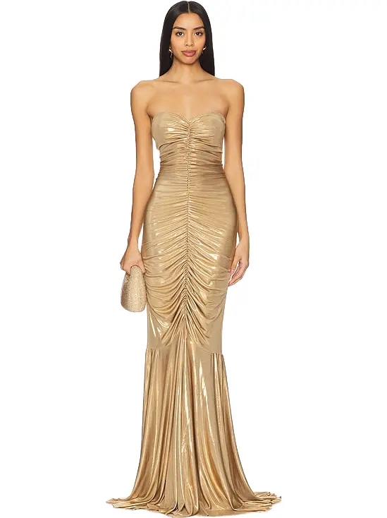 Norma Kamali Strapless Shirred Fishtail Gown - Gold Lame