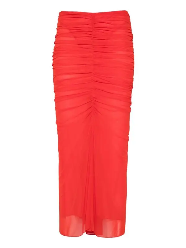 MUGLER Ruched Mesh Midi Skirt - Red