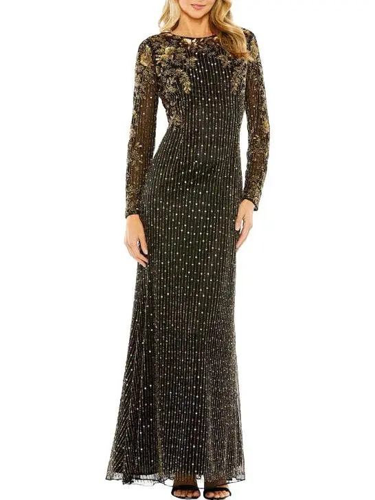 Mac Duggal High Neck Long Sleeve Gown - Black Gold