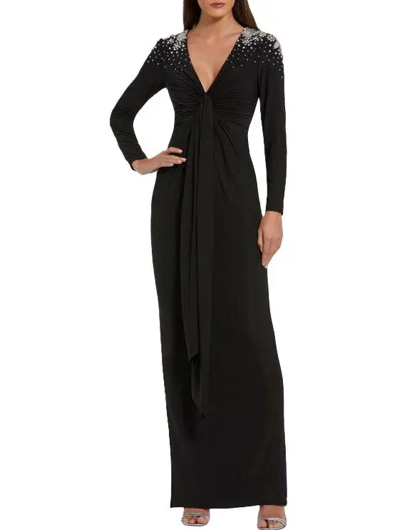 Mac Duggal Jersey V-neck Gown With Beaded Shoulders - Black