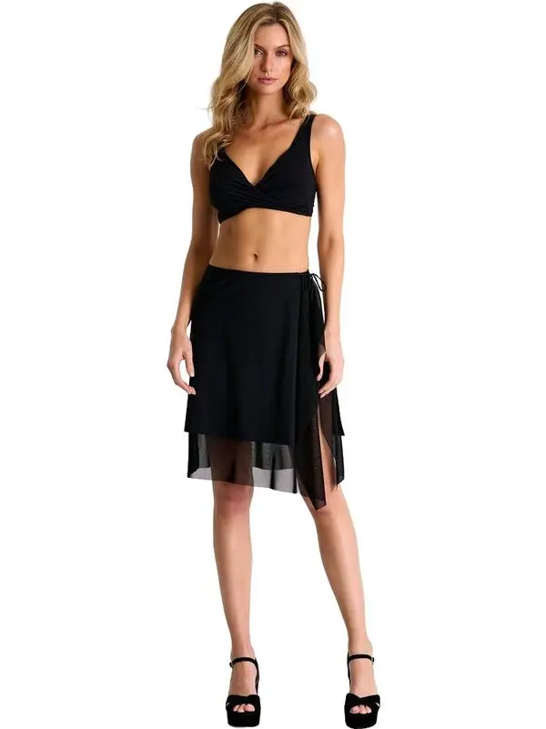 Shan Ruffle Mesh Wrap Pareo Skirt - Black