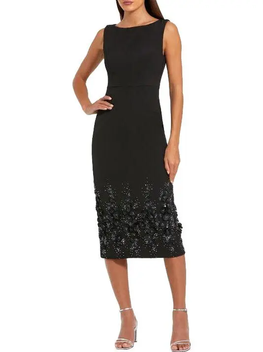 Mac Duggal Sleeveless Floral Beaded Crepe Midi Dress - Black
