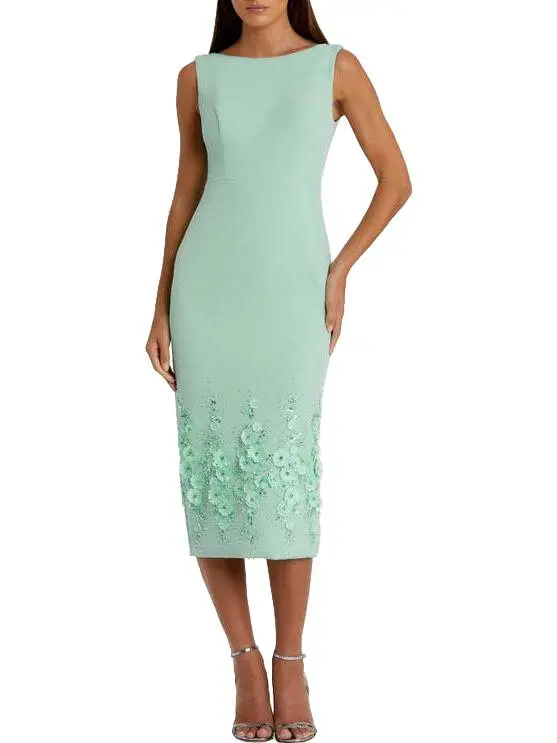 Mac Duggal Crepe Sleeveless Midi Sheath Dress With Floral Beading - Sage