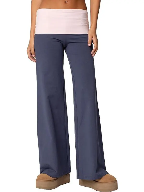 EDIKTED Wide Leg Contrast Fold Over Pants - Navy