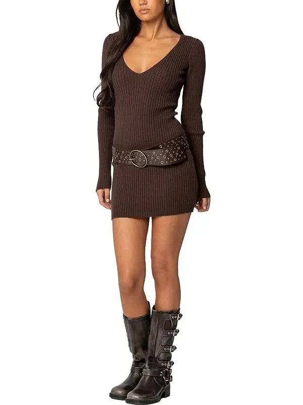 EDIKTED Ribbed Knit Mini Dress - Brown