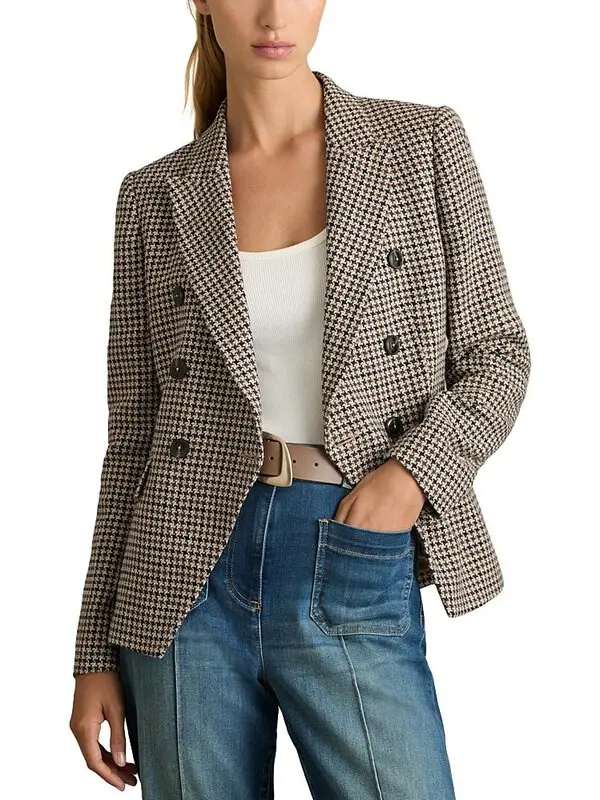 REISS Evie Double Breasted Textured Checked Blazer - Navy Neutral