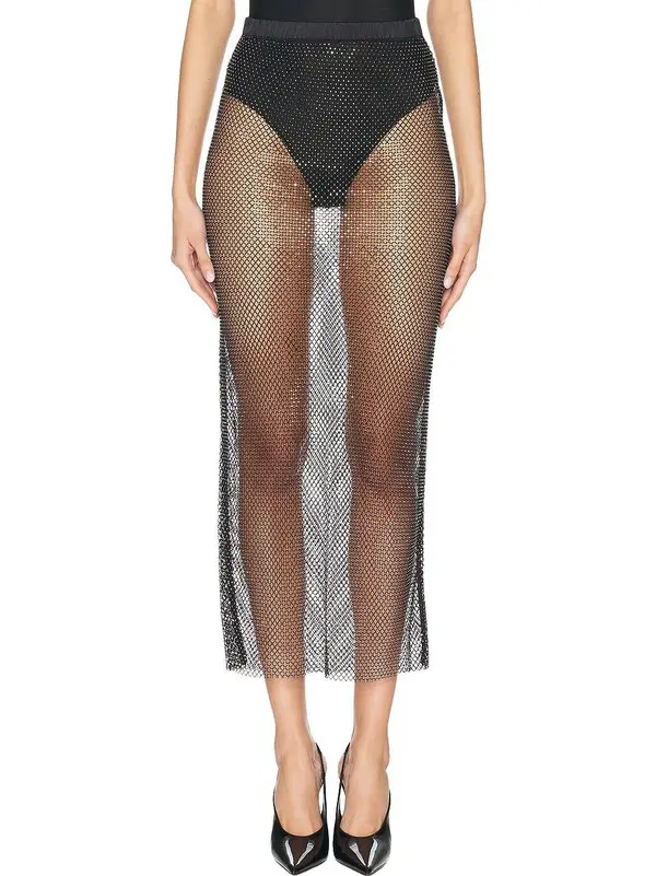 FLEUR DU MAL Rhinestone Fishnet Maxi Skirt - Black