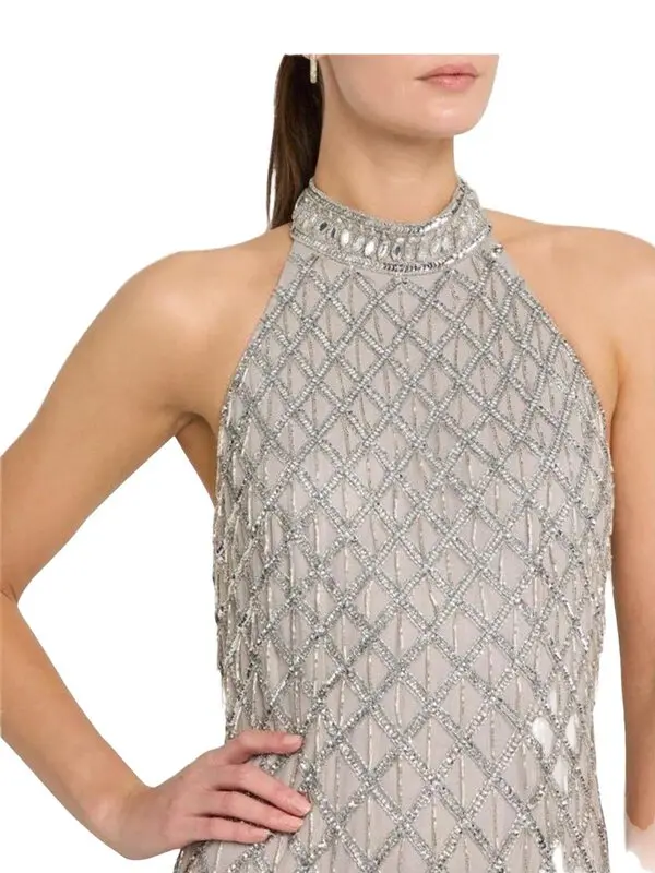 Aidan Mattox Beaded Halter Gown - Silver