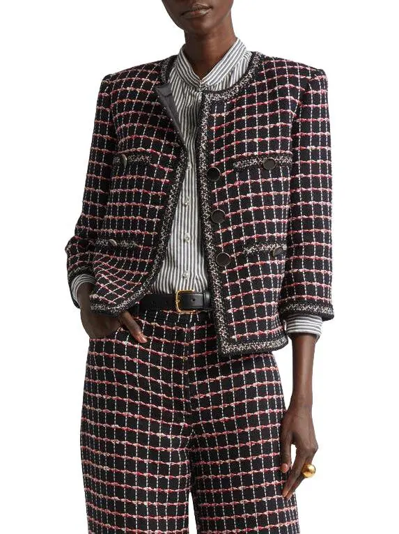 St. John Windowpane Check Tweed Crop Jacket - Black/ Haute Red/ Pearl Multi