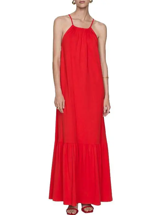 Mango Tie Ruffle Cotton Maxi Dress - Red