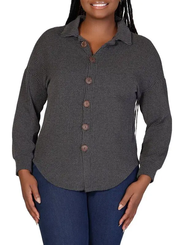 24SEVEN COMFORT APPAREL Textured Stripe Knit Button-up Shirt - Black