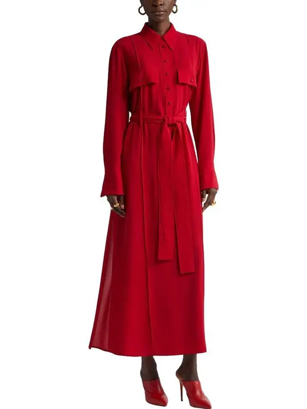 St. John Pintuck Long Sleeve Stretch Crepe Shirtdress - Haute Red