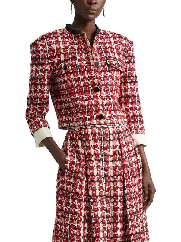 St. John Plaid Eyelash Tweed Crop Jacket - Haute Red/ Black/ Pearl Multi