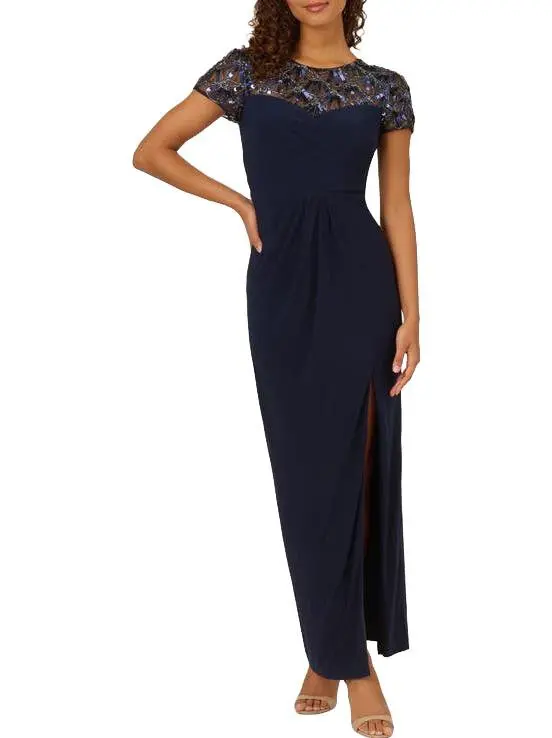 Adrianna Papell Sequin & Bead Yoke Jersey Column Gown - Midnight