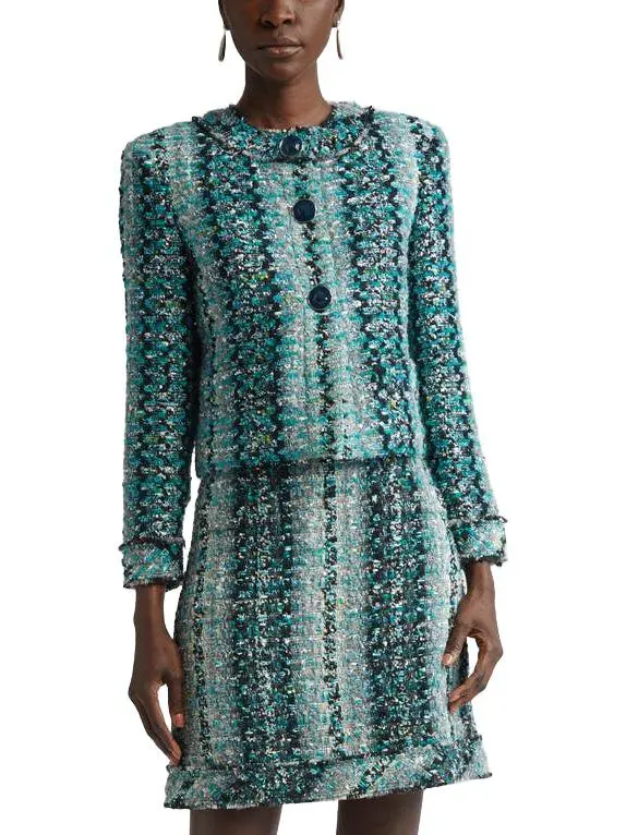 St. John Foiled Eyelash Tweed Crop Jacket - Juniper/ Aquamarine Multi