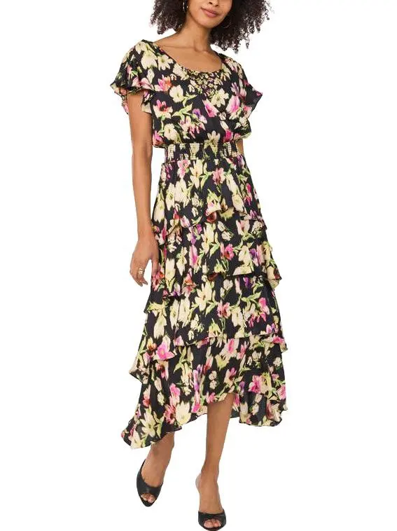 Vince Camuto Floral Tiered Flutter Sleeve Midi Dress - Rich Black