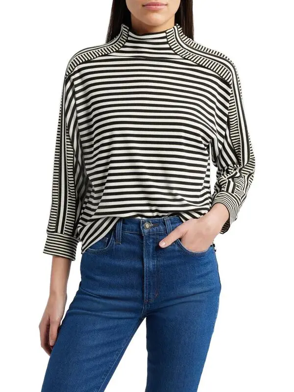 Wit & Wisdom Stripe Mock Neck Rib Top - Black/off White