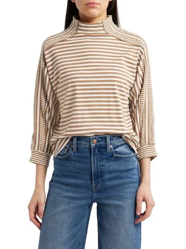 Wit & Wisdom Stripe Mock Neck Rib Top - Camel/off White
